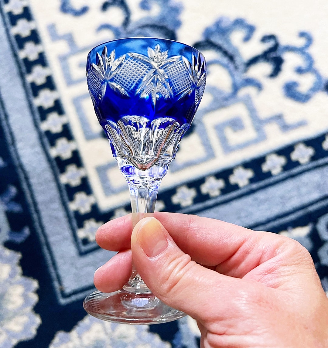 Vintage Cobalt Blue Etched Crystal Cordial Cocktail Glass Set (3 ...