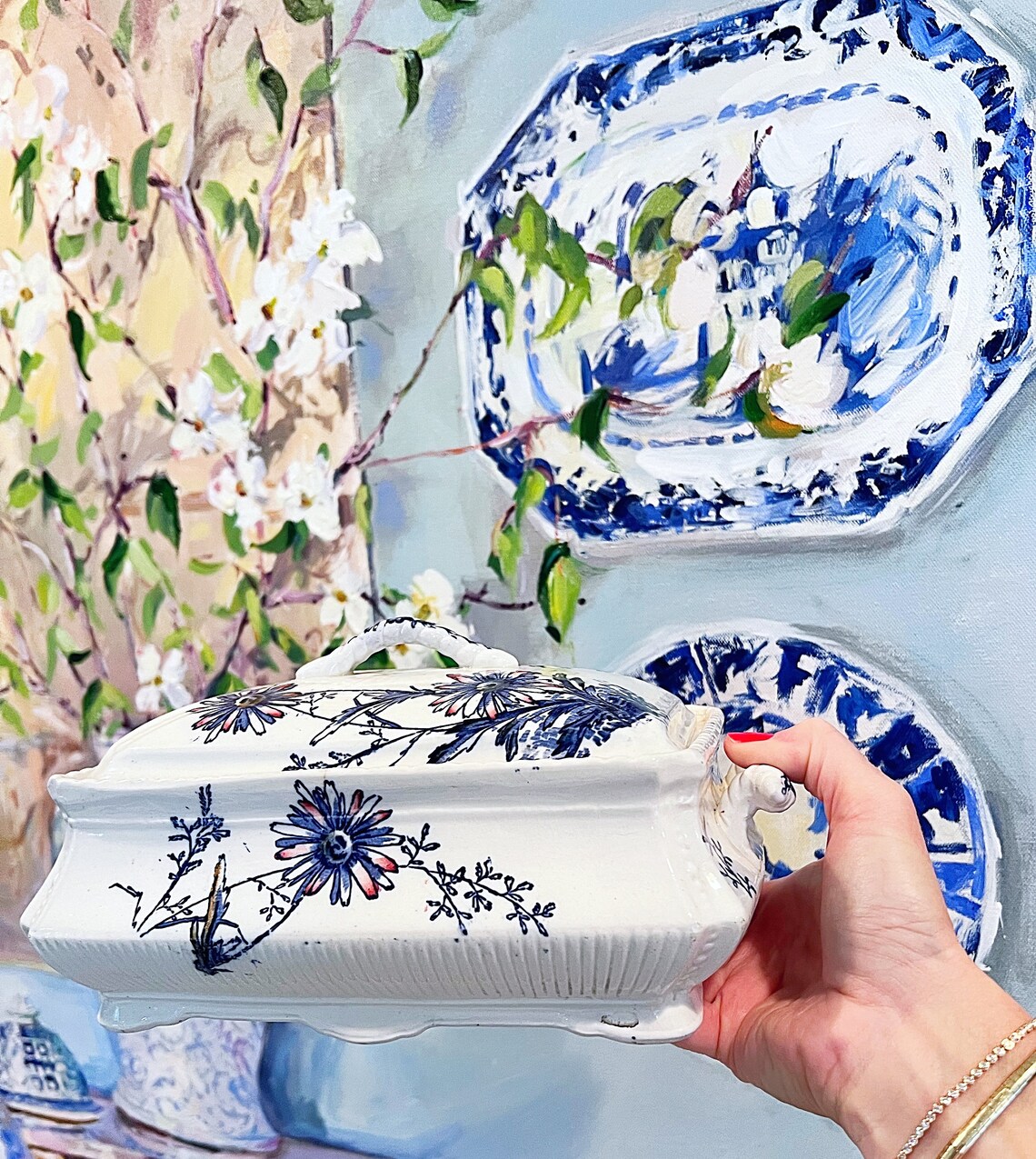Rare Antique J.H. Davis Blue White Pink Daisy Pattern Ironstone ...