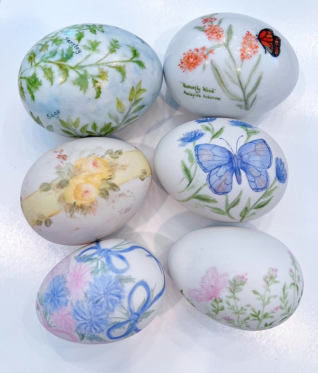 Vintage Hand Painted Bisque Ceramic Easter Eggs | Grandmillennial, Butterfly, Bows, Herbs, (sold ...