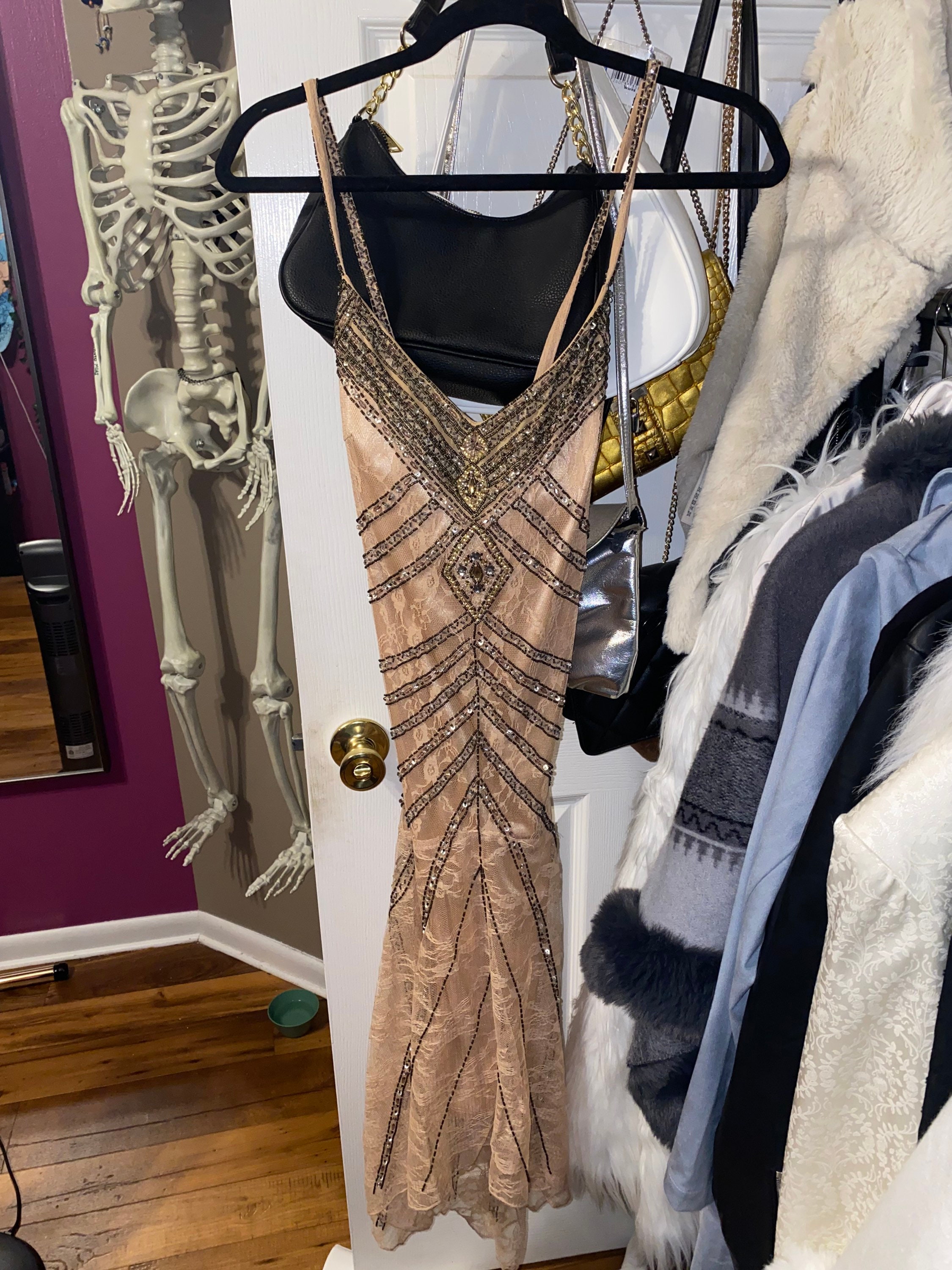 Vintage Sue Wong Gold and Tan Beaded Detail Lace Trim Tight Vintage Sue Wong Gold and Tan Beaded Detail Lace Trim Tight