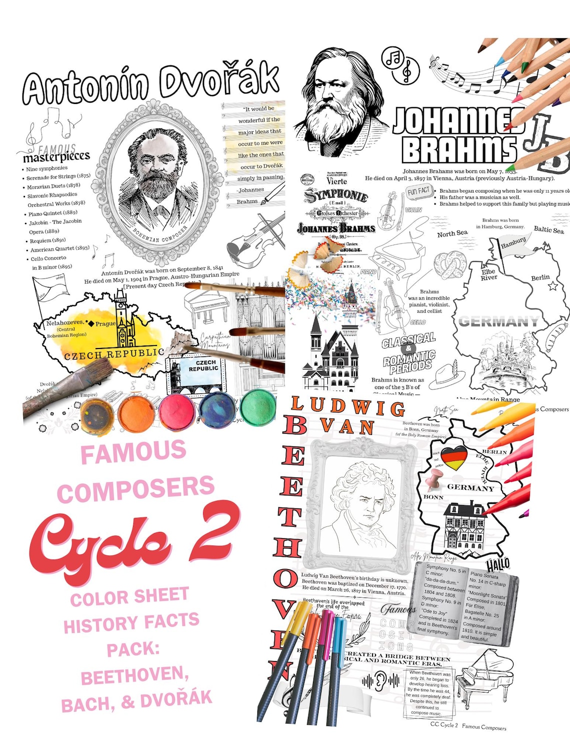 Classical Composers Coloring Pages: Beethoven, Brahms, Dvořák (PDF) - Etsy