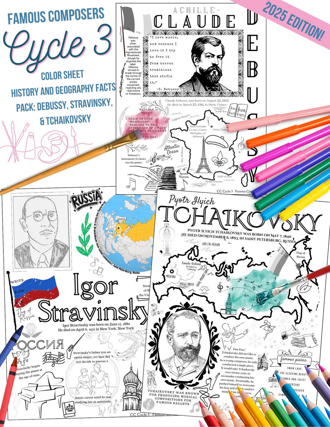 Classical Composers Coloring Page: Debussy, Stravinsky, Tchaikovsky ...