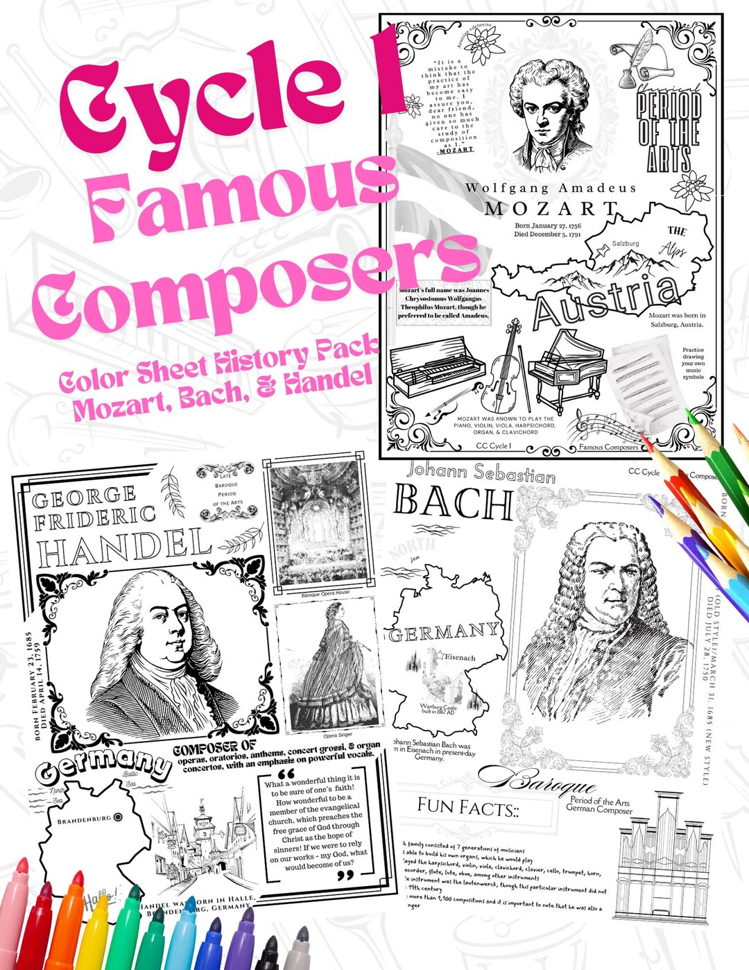 Classical Composers Coloring Pages: Mozart, Bach, Handel (PDF/JPG) - Etsy