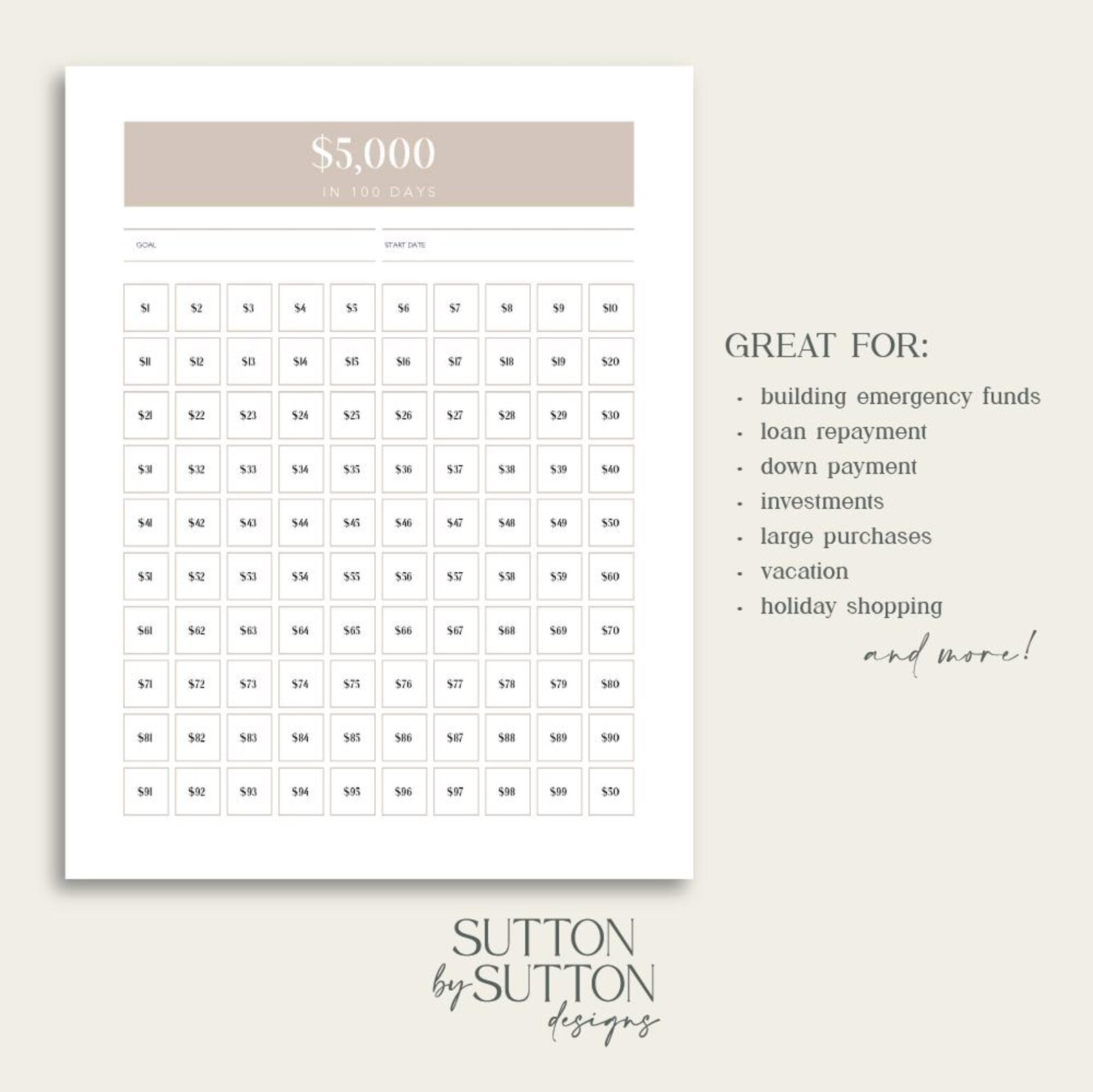 5K Savings Challenge: 100 Day Money Tracker (printable PDF) - Etsy