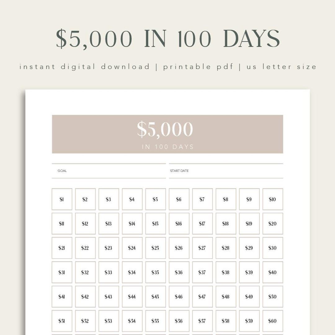 5K Savings Challenge: 100 Day Money Tracker (printable PDF) - Etsy