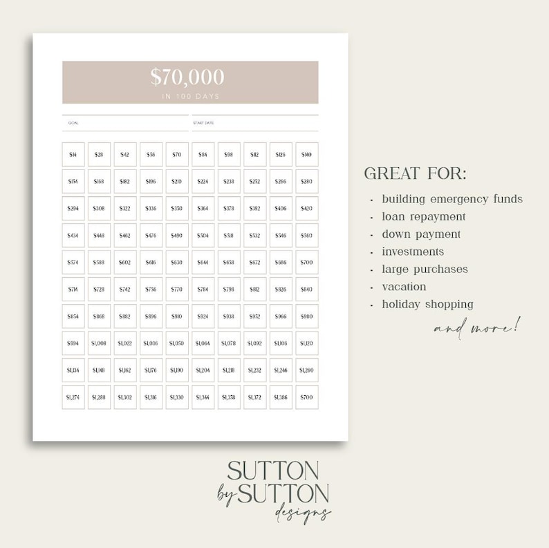 70K Savings Challenge, 100 Day Tracker (printable PDF) - Etsy