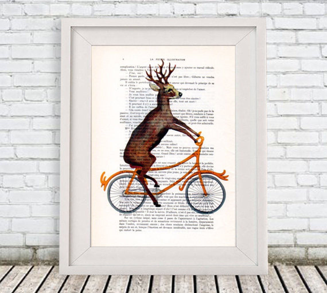 Deer on Bicycle Print Deer Art Deer Wall Art Deer Head | Etsy