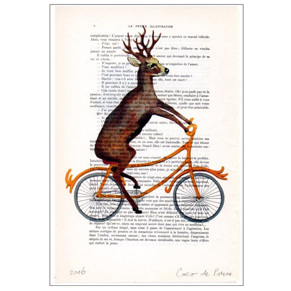 Deer on bicycle print deer art deer wall art deer head | Etsy