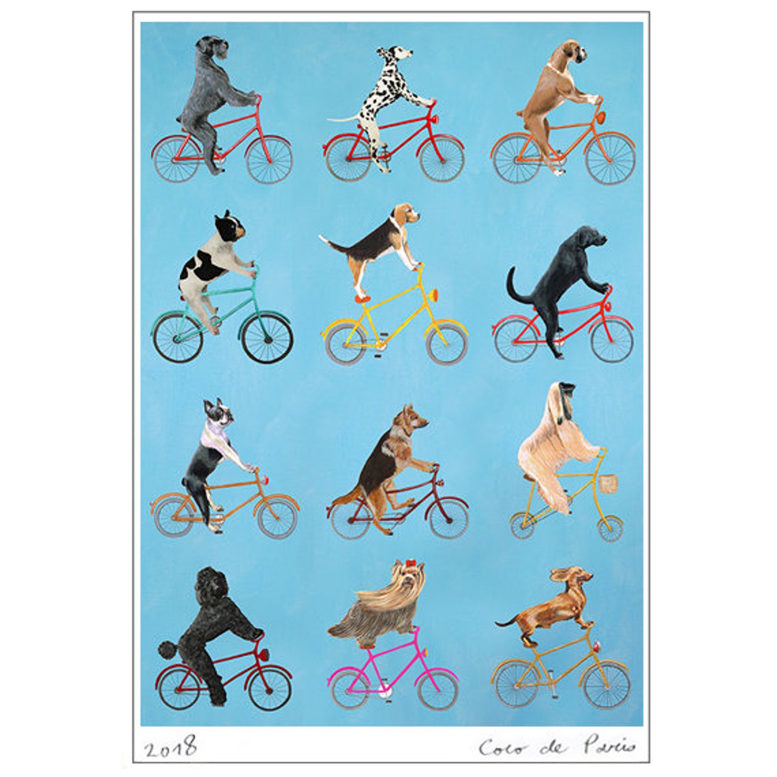 Dogs Print, Bicycle Print, Cycling Dog, Dog on Bicycle, Dog Painting ...