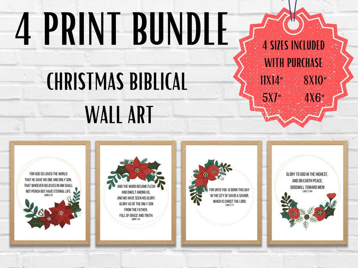 Christmas Bible Verse Wall Art Set of 4, 8x10, 4x6, 11x14, 5x7, Instant ...