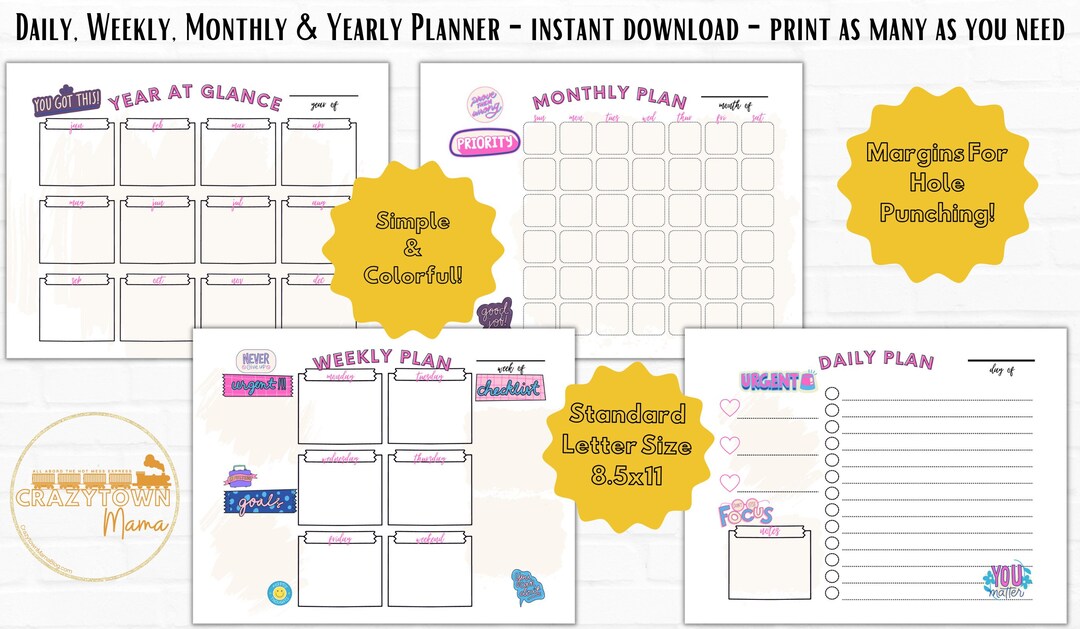 Monthly Weekly Daily Yearly Planner Bundle, To-do List, Printable ...