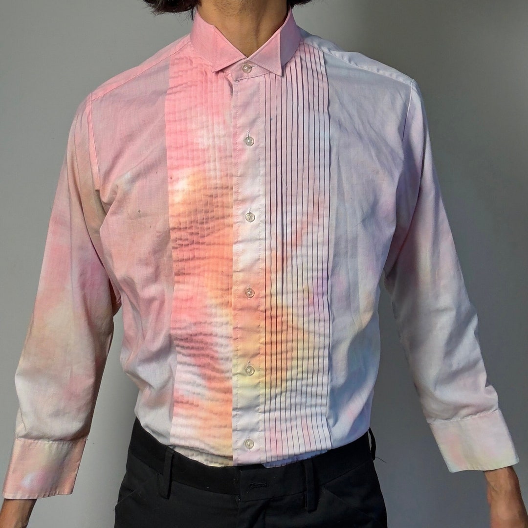 Pastel Dress Shirt Tie Dye Button up Tuxedo Top Pleated Tropical Sunset ...