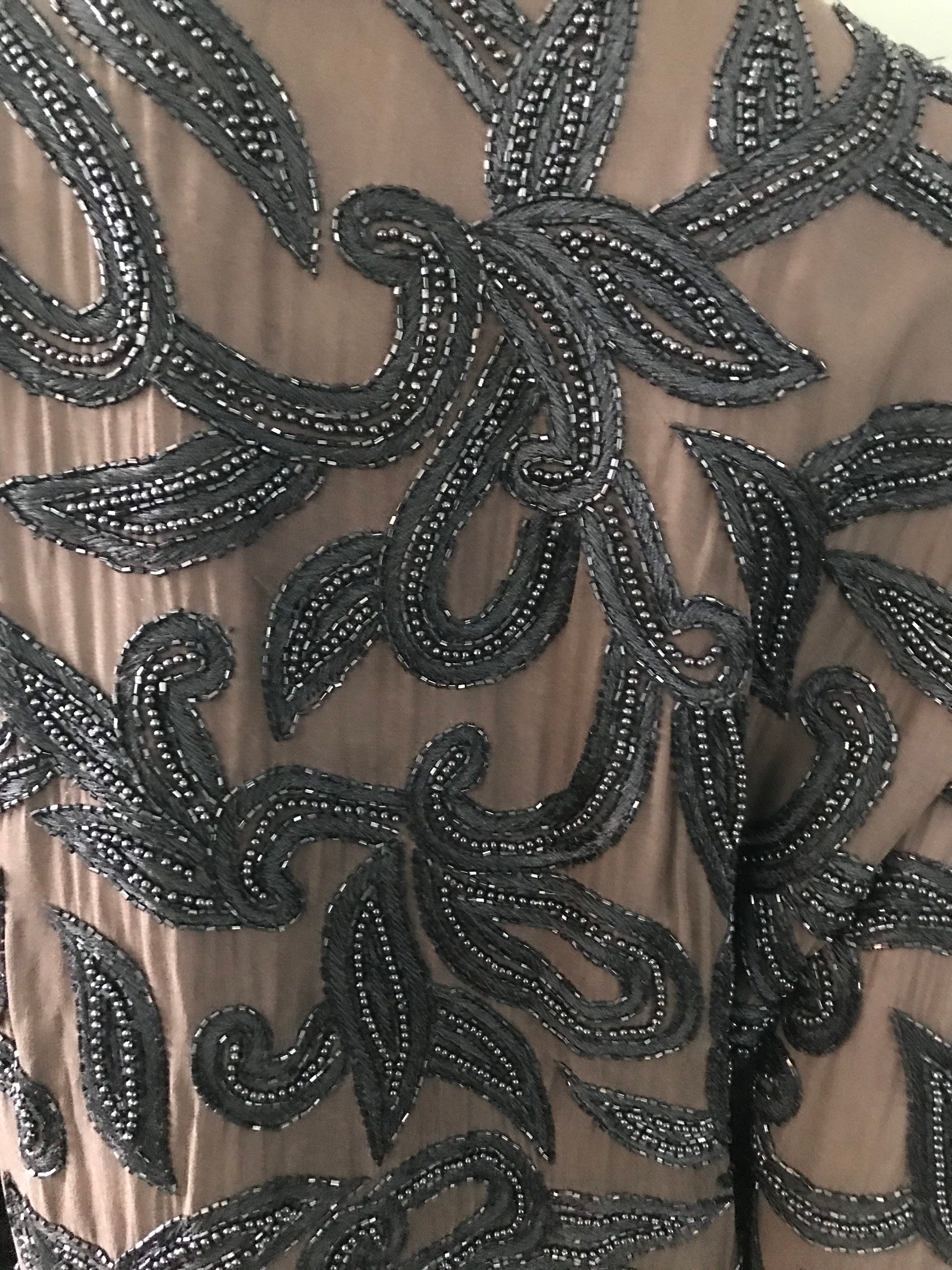 Vintage beaded Oleg Cassini brown silk jacket with black Vintage beaded Oleg Cassini brown silk jacket with black
