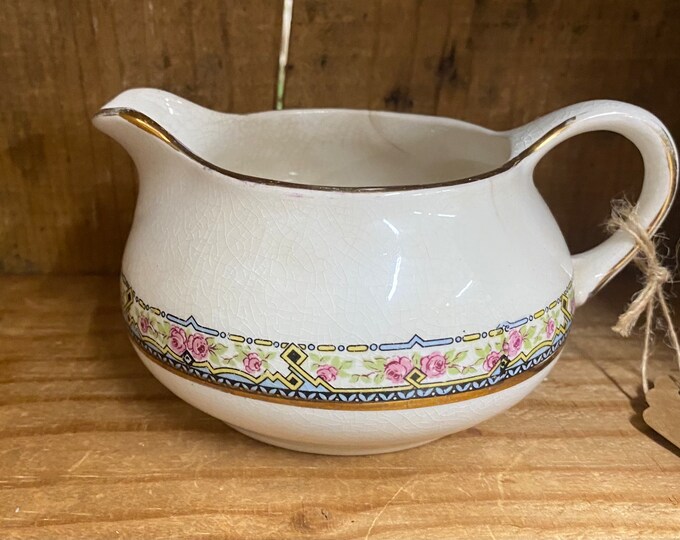 Antique Vintage White Creamer Pitcher Stained Crazed Floral Country ...