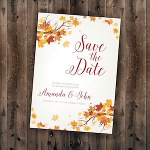 Autumn Save the Date Cards, Fall Save the Date Postcards, Leaves Wedding Invitations, Woods ...
