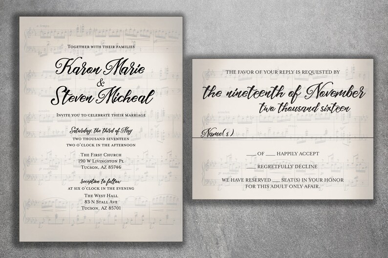 Musical Wedding Invitation Set Printed Sheet Music Wedding - Etsy