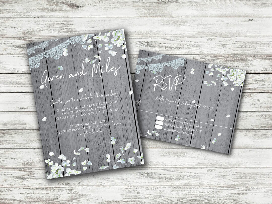 Lace, Rustic Barn, Wood, Hydrangea, Floral, Spring, Wedding Invitations ...