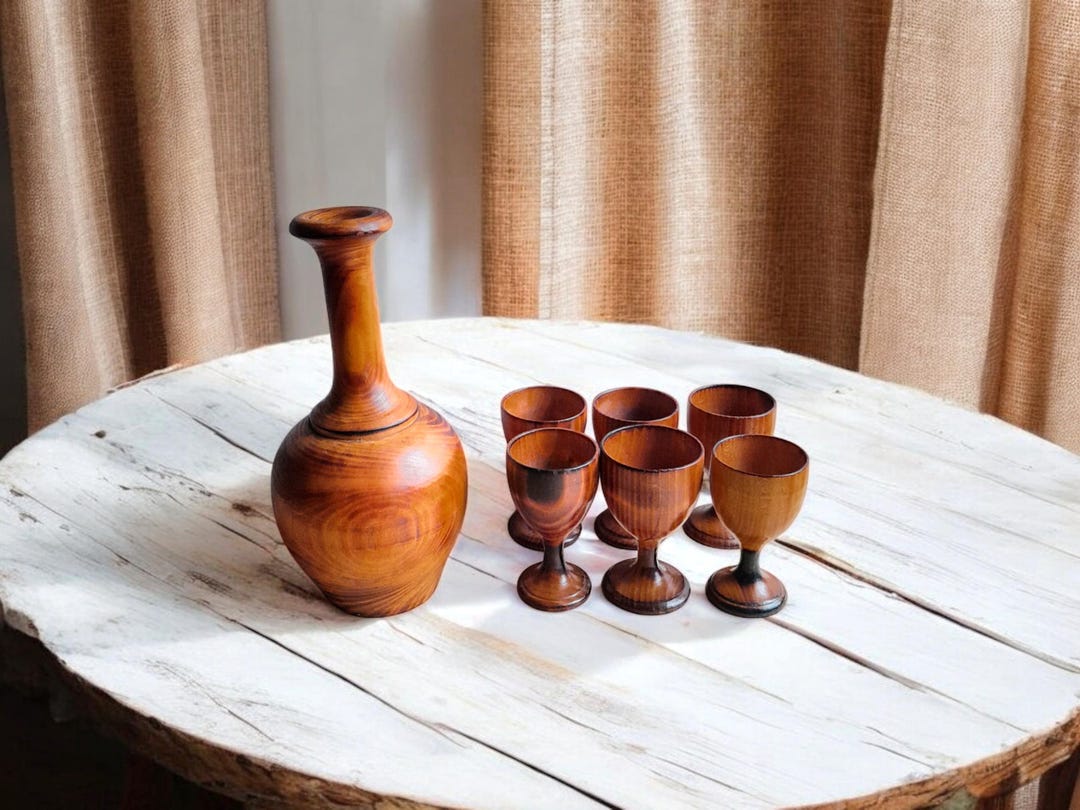 Vintage Wooden Decanter and Cups Set, Romanian Wooden 7 Pieces Liqueur ...