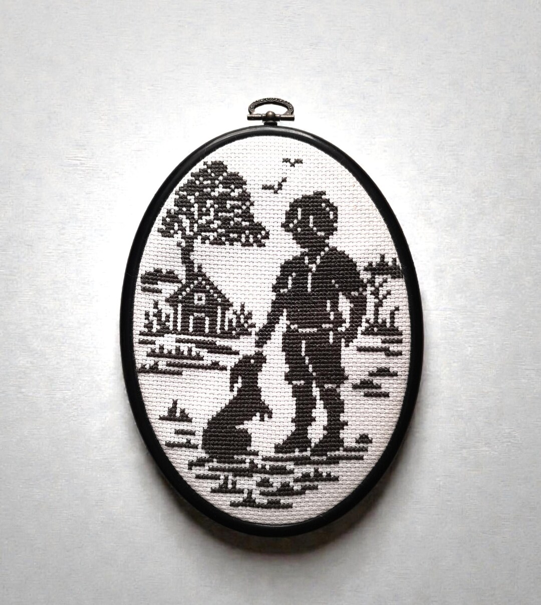 Retro Oval Cross Stitch Silhouette Art, Vintage Black and White ...