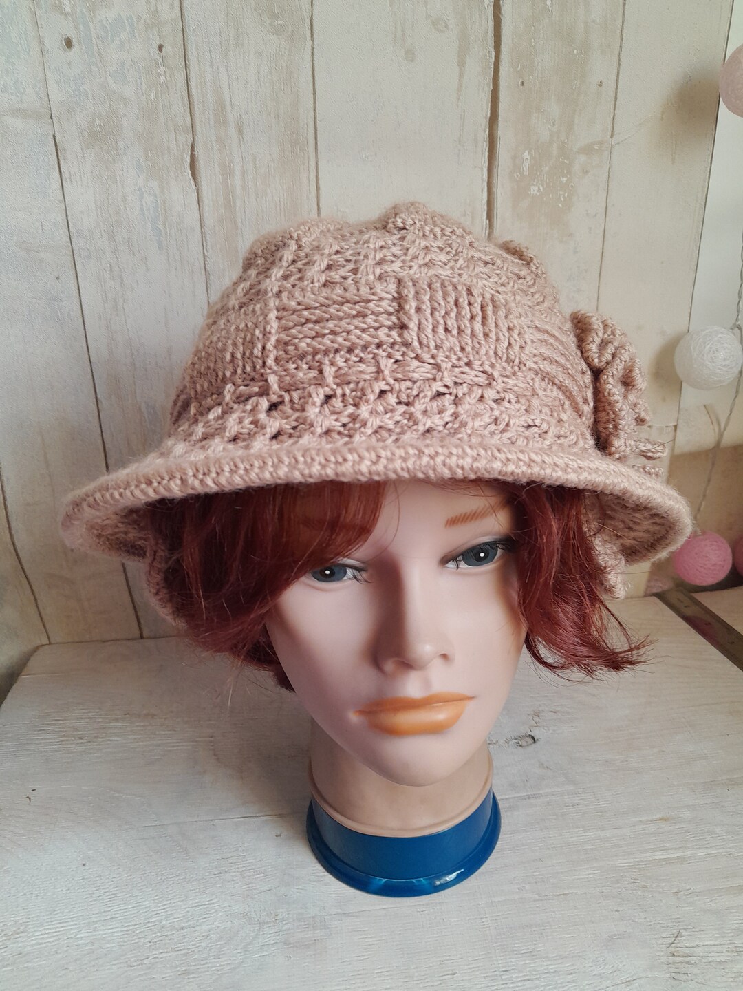 Vintage Knitted Derby Hat With Ear Flap, Handmade Taupe Fedora With Ear ...
