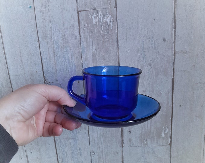 Vintage Cobalt Blue Glass Cups and Saucers Arcoroc Coffee Duo - Etsy