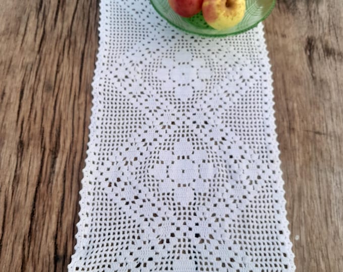 Vintage White Crochet Table Runner, Handmade Cotton Tablecloth ...