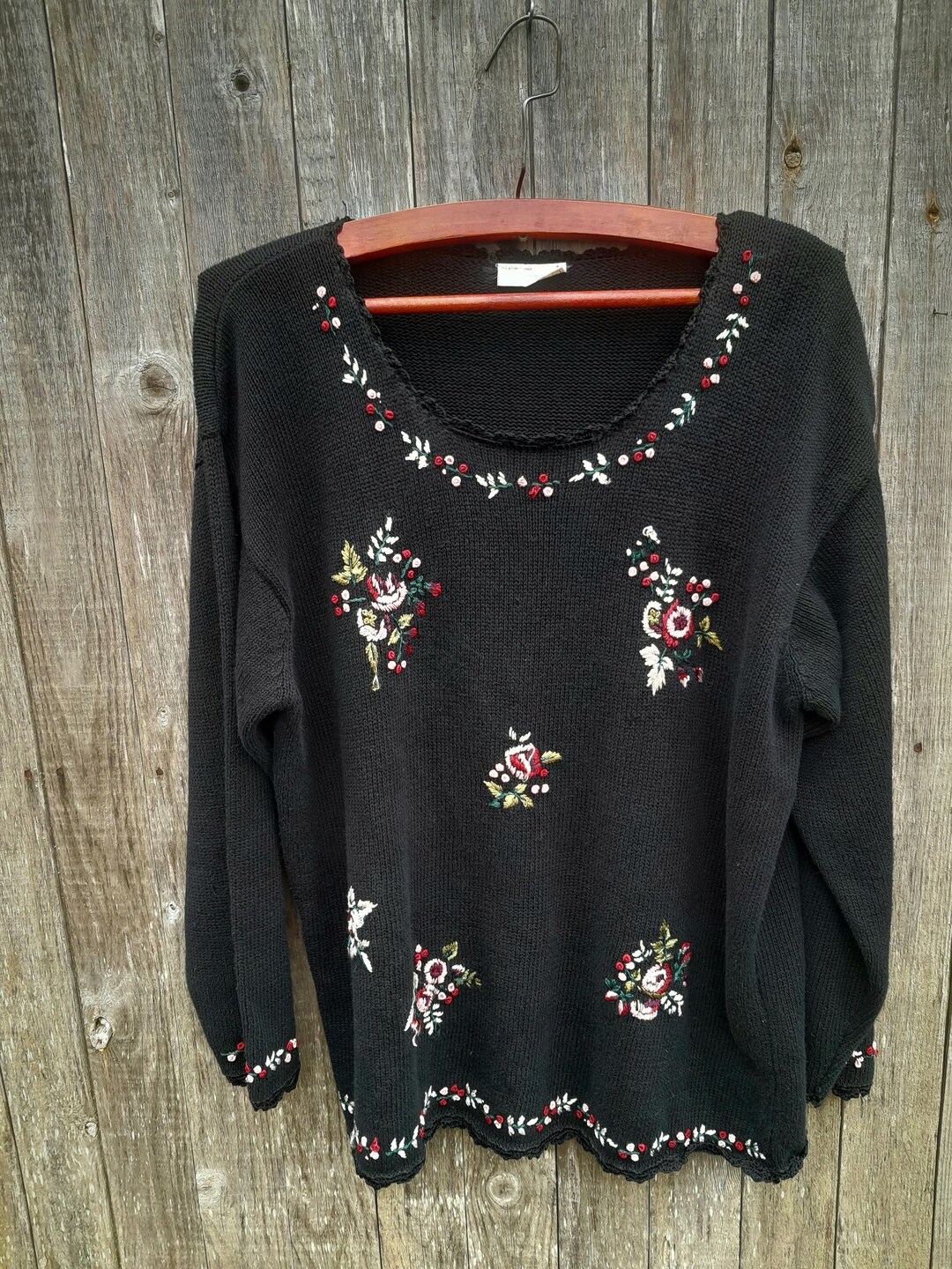 Vintage Floral Sweater From 80s, Black Cotton Embroidered Sweater Large ...