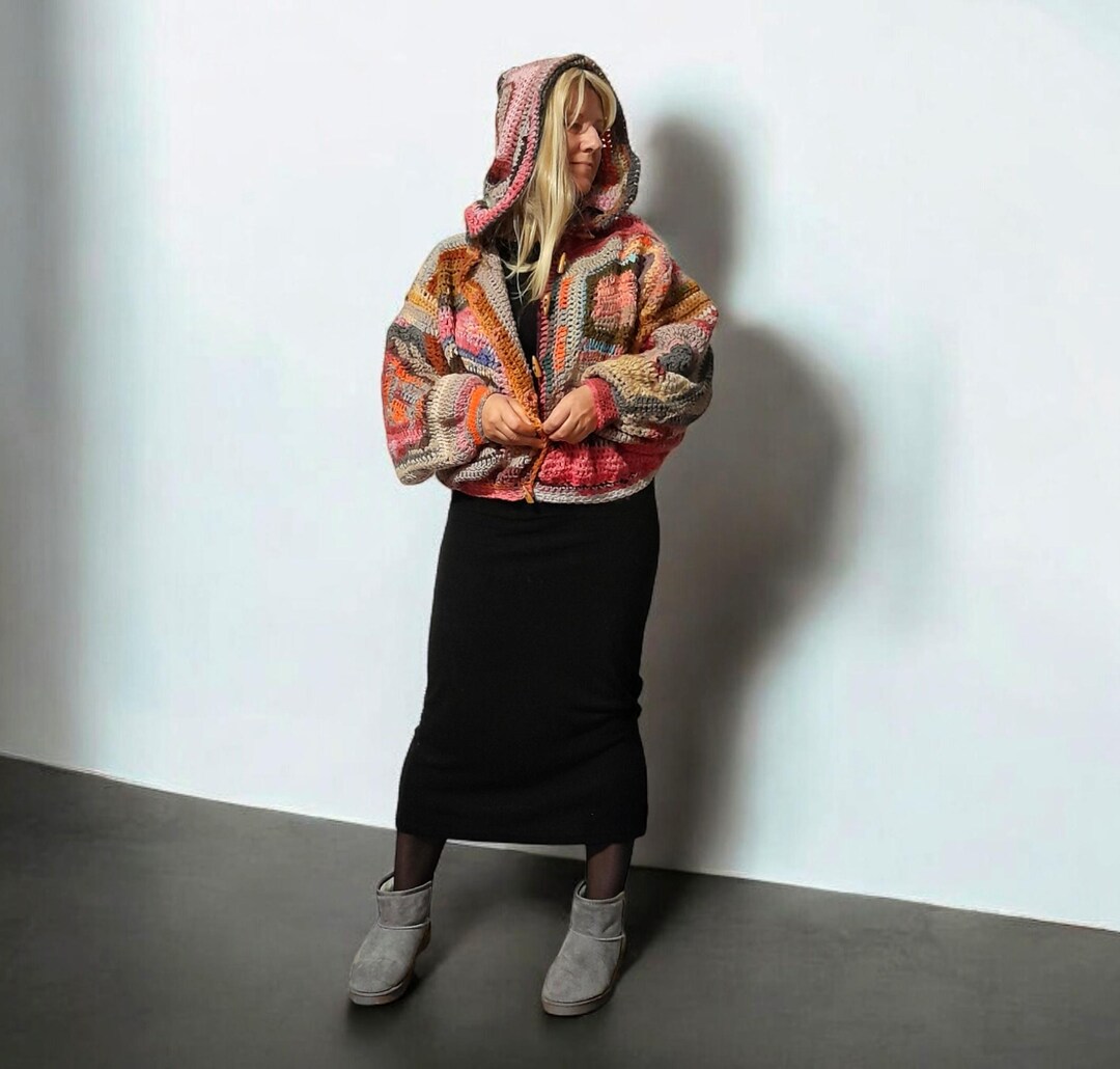 Hand Crochet Hooded Cardigan, Artsy Patchwork Jacket, OOAK Freeform ...