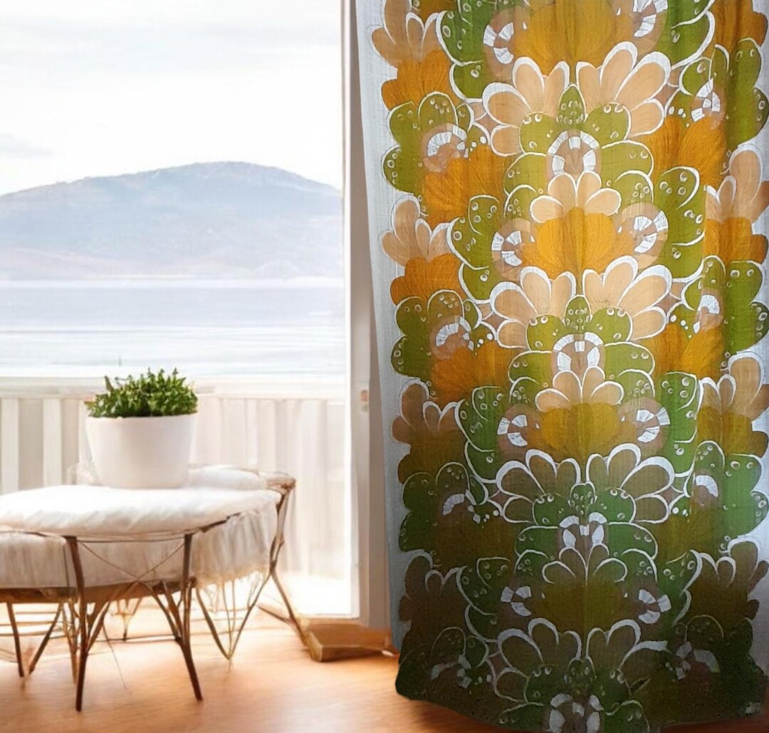 Vintage 70s Swedish Curtain, Green/white/brown Ornamental Long Curtain ...