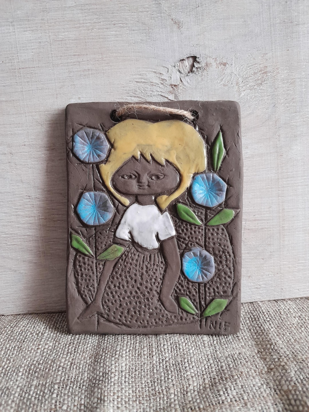 Vintage Ninnie Forsgren Swedish Ceramic Wall Plaque, Girl and Blue ...