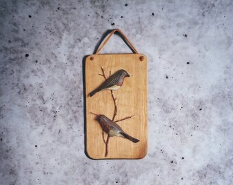 Wall Plank With Red Finches, Kitchen Decor, Wooden Plaque With Birds ...