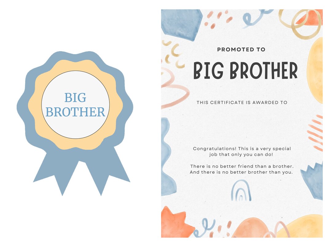 Big Brother Gift Printable Certificate and Badge for a New Big Brother ...