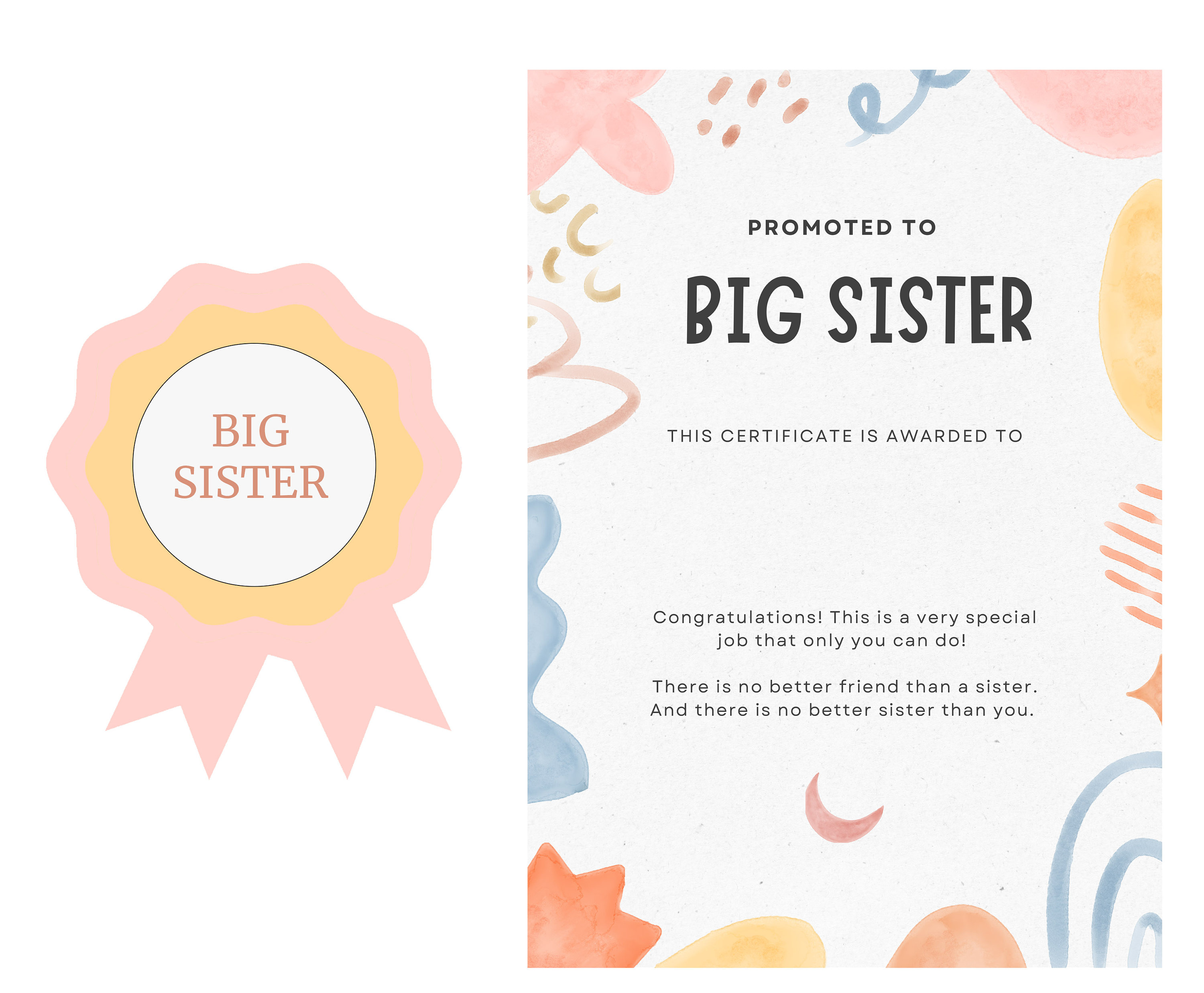 Big Sister Gift - Printable Certificate and Badge for a New Big Sister ...