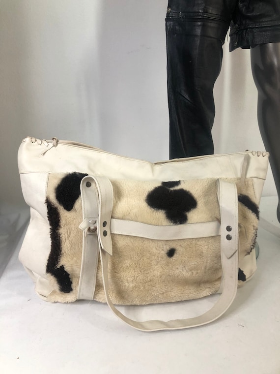 White real leather real fur big bag with pocket. - Gem