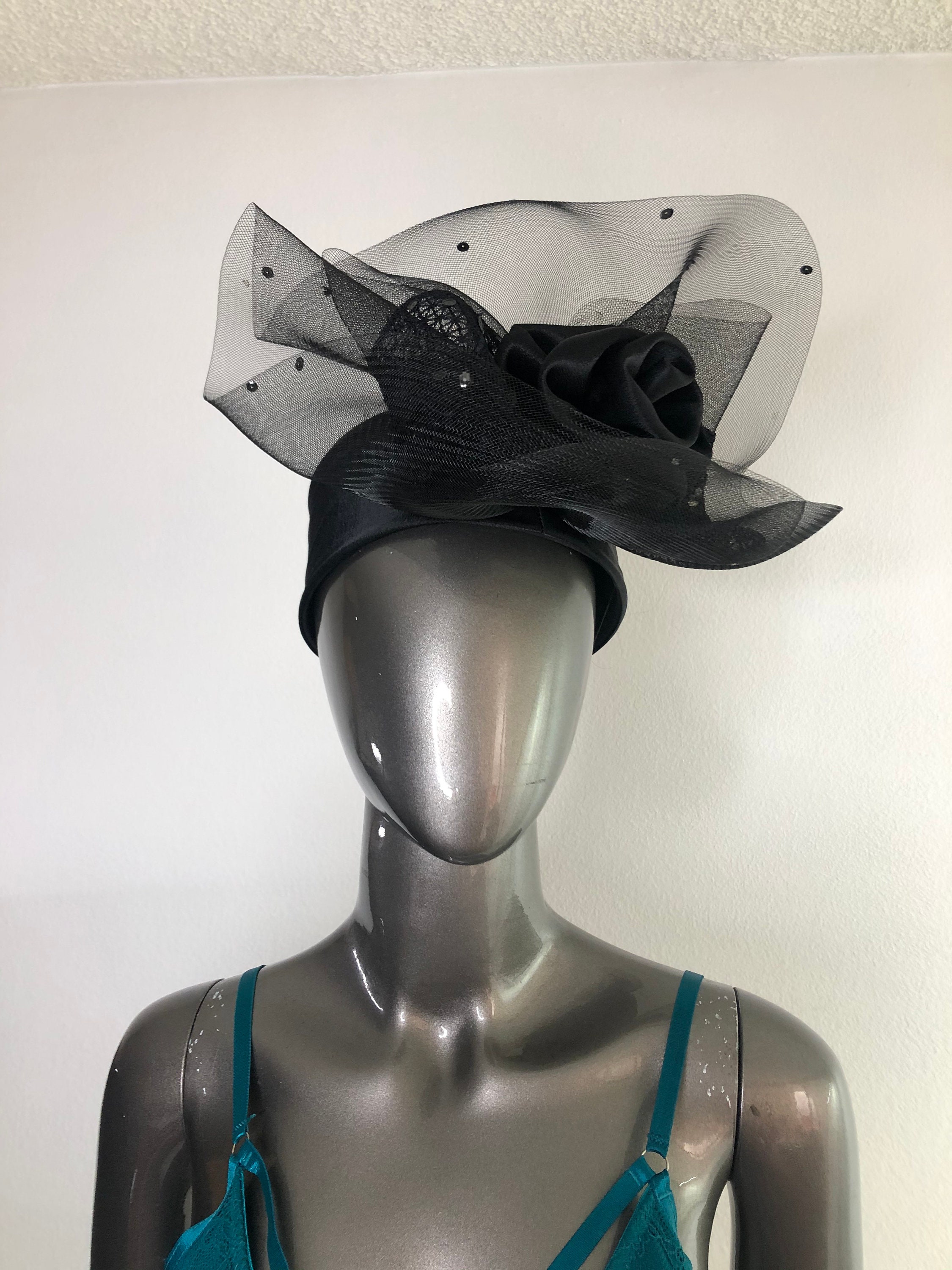 Black Elegant Silk Mini Hat With Decorative Element Rose Woman. - Etsy