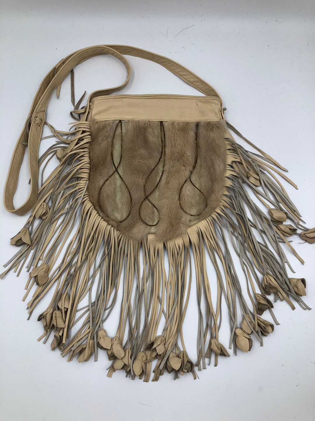 Mink Fur and Leather Bag Beige Color With Beads Long Fringe - Etsy