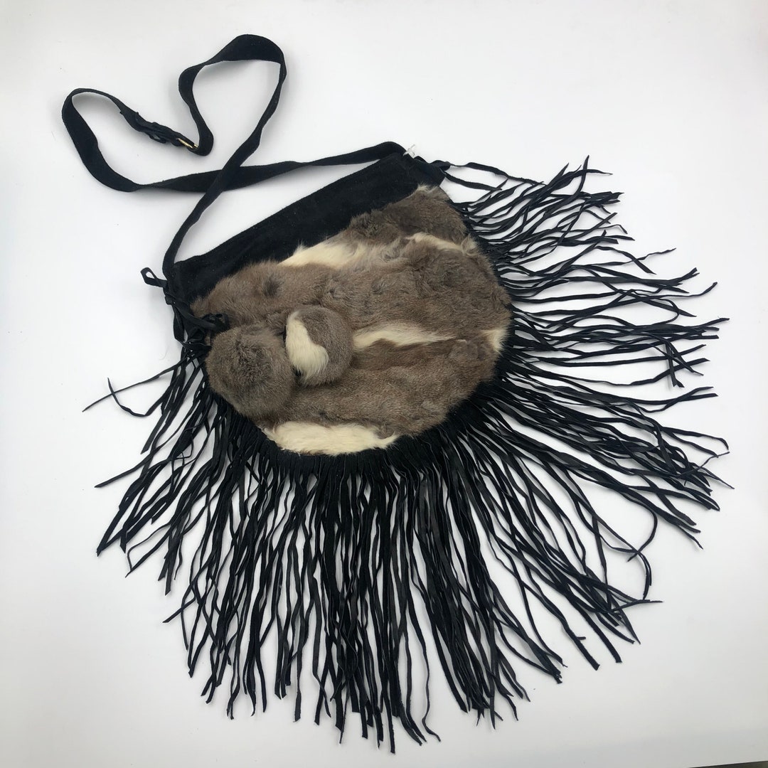 Grey With Black Real Leather Rabbit Fur Shoulder Bag With Fringe. - Etsy