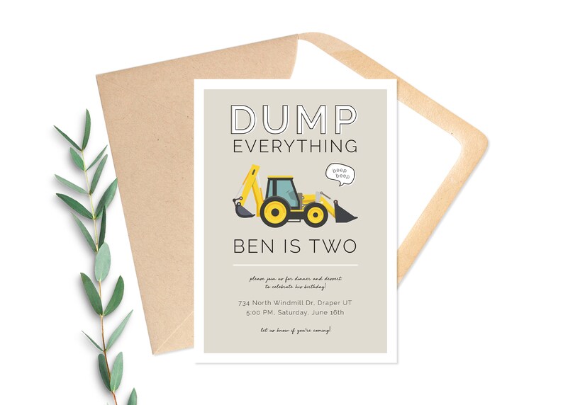 Dump Everything Machine Birthday Party Invitation / Backhoe Front ...