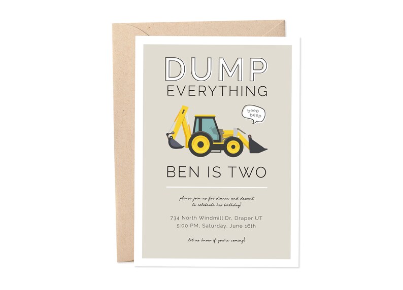 Dump Everything Machine Birthday Party Invitation / Backhoe Front ...
