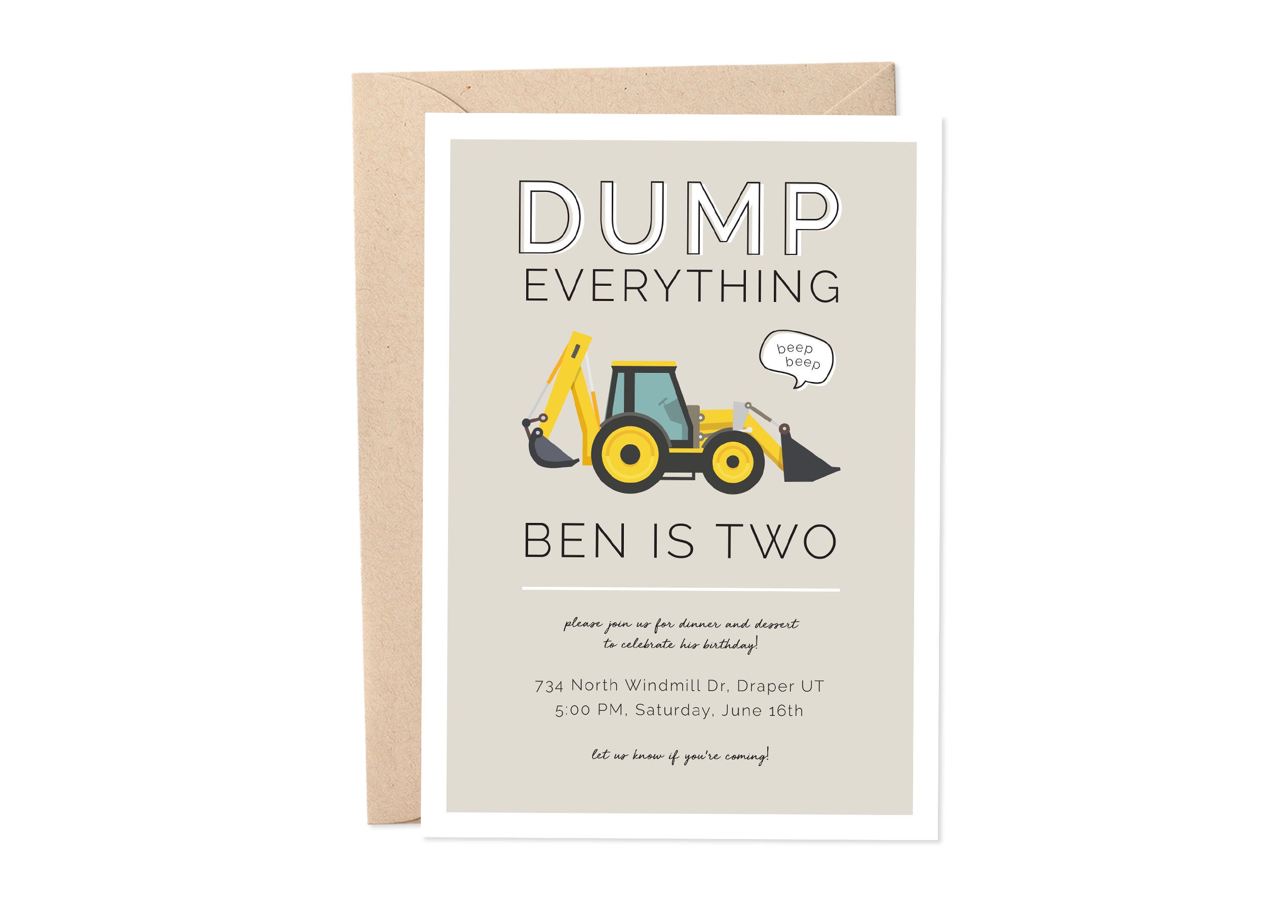 Dump Everything Machine Birthday Party Invitation / Backhoe Front ...