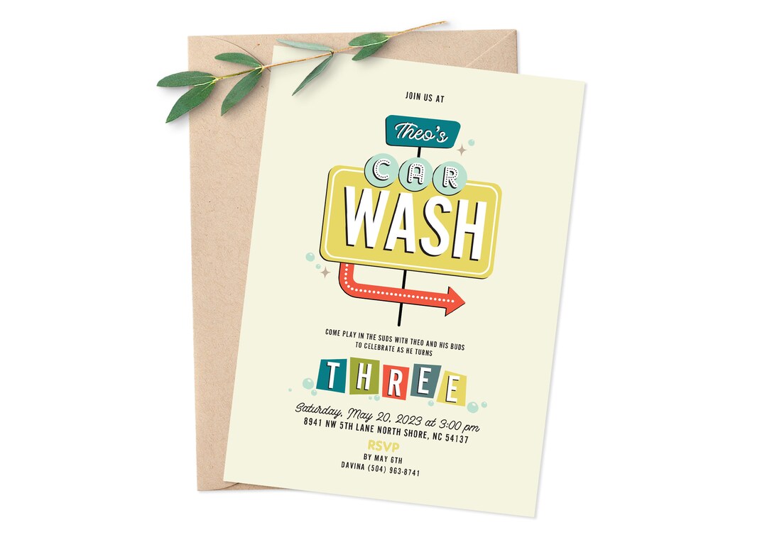 Car Wash Birthday Party Invitation / Cute Unique Retro Vintage Car Wash ...