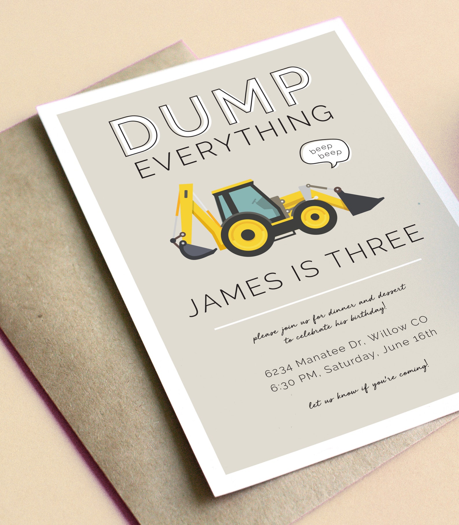 Dump Everything Machine Birthday Party Invitation / Backhoe Front ...