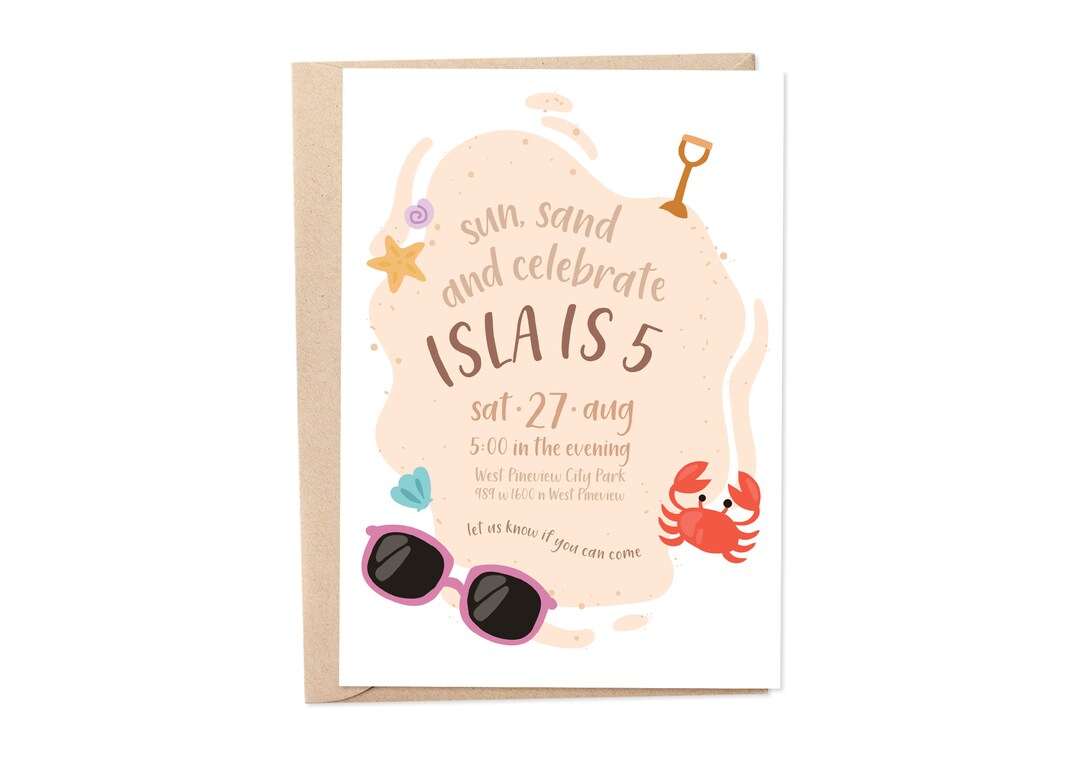 Sand Beach Birthday Party Invitation / Cute Sandy Swimming Beach Invite ...