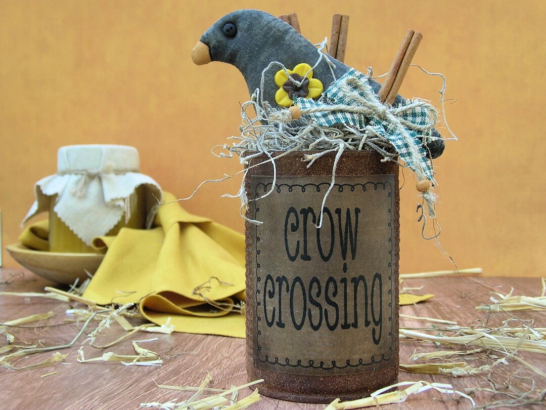 Primitive Rusty Pantry Can, Folk Art Crow Sunflower, Shelf Sitter ...