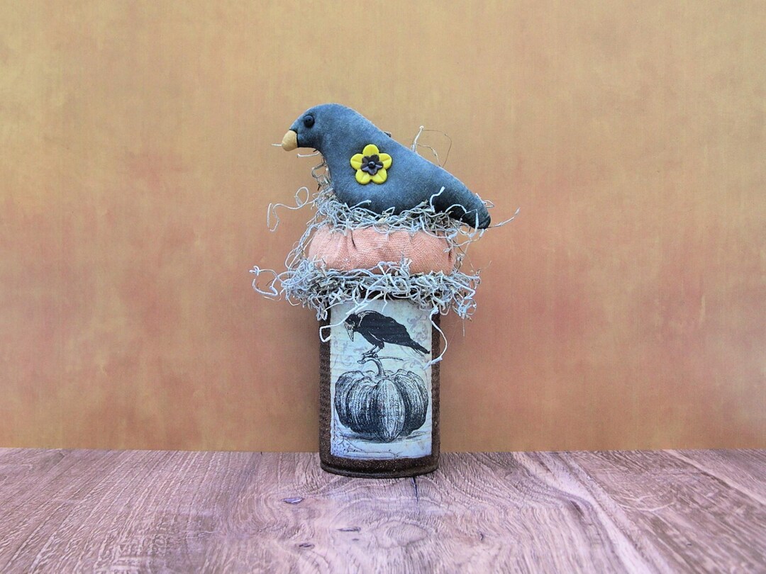 Primitive Rusty Pantry Can, Folk Art Crow Pumpkin Stack, Shelf Sitter ...