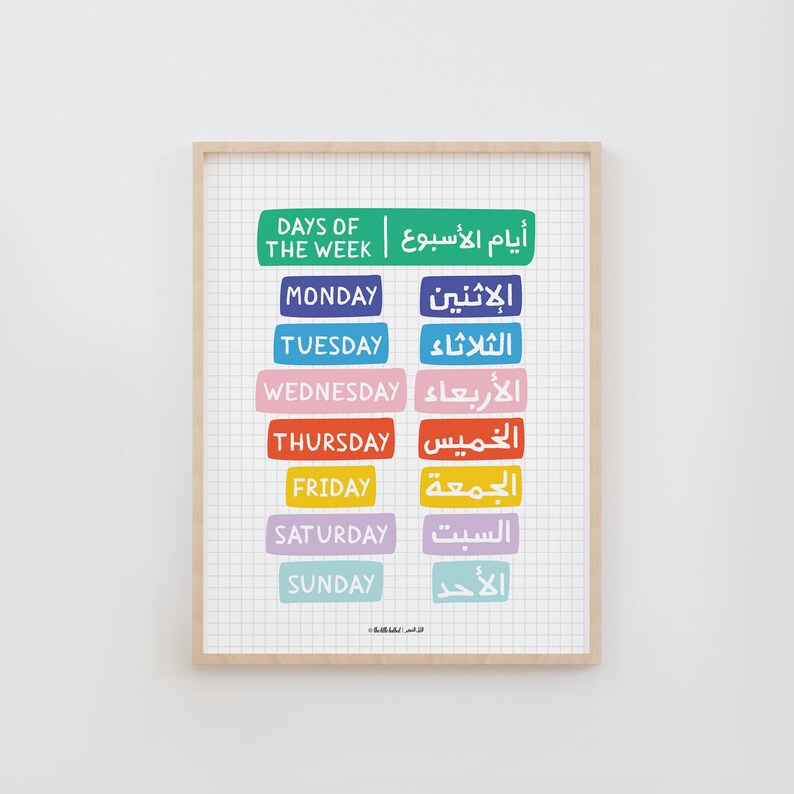 Days of the Week Poster in Arabic and English, Arabic Days, Arabic ...