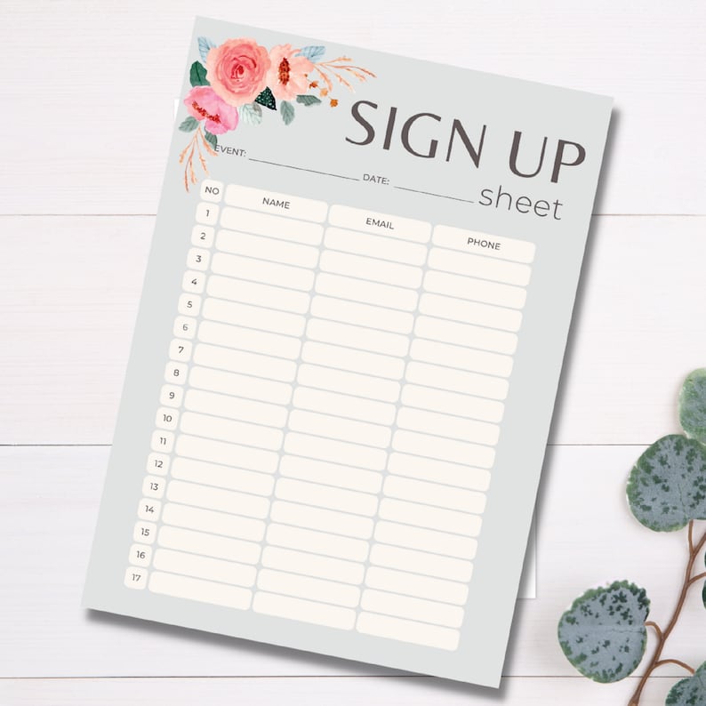 Printable Sign up Sheet for Event Planning Instant Download Digital PDF ...