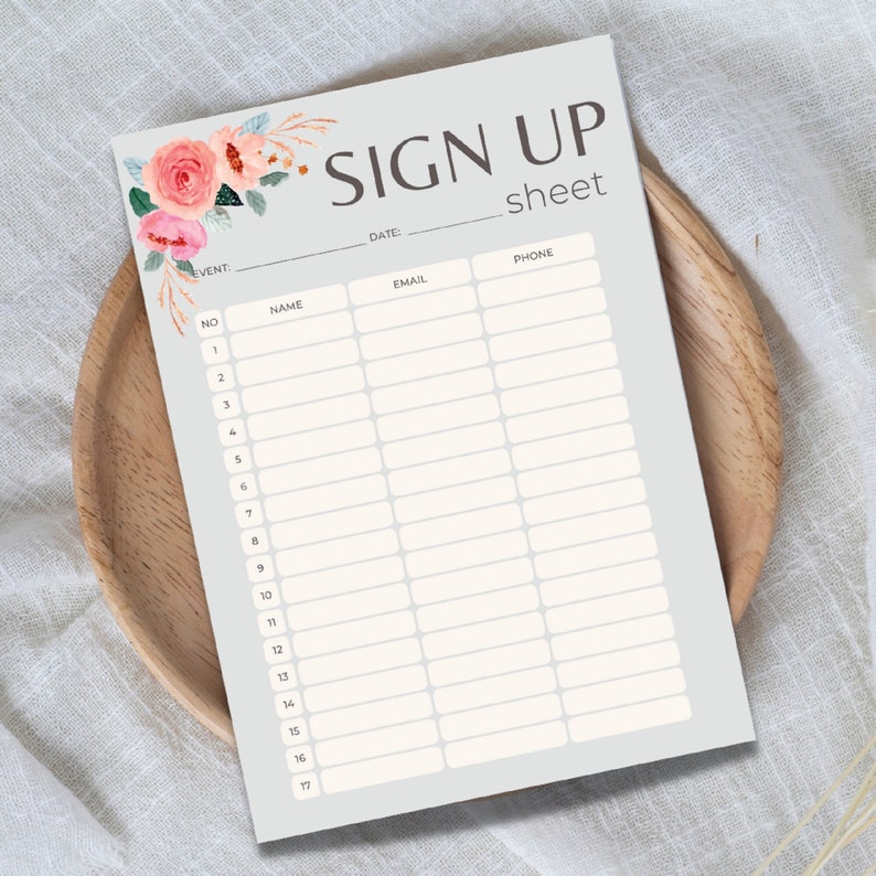 Printable Sign up Sheet for Event Planning Instant Download Digital PDF ...