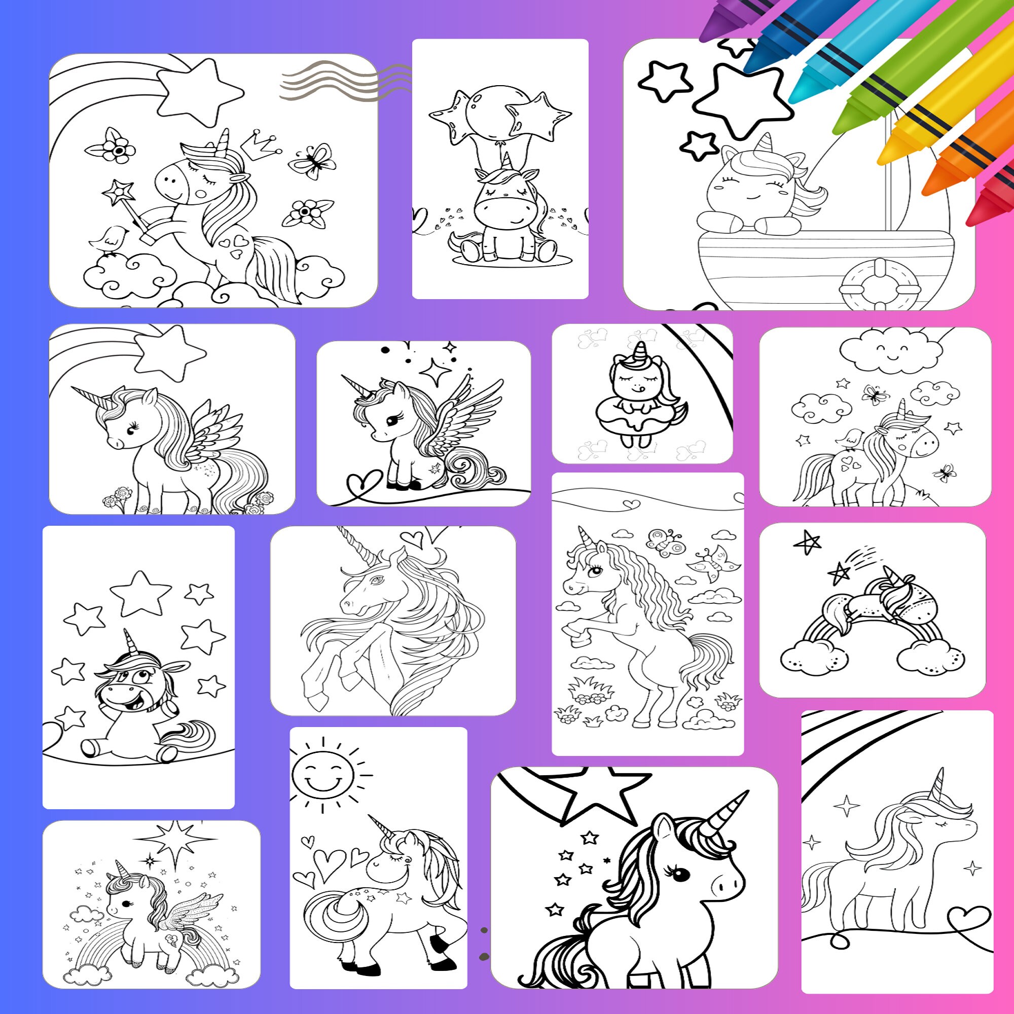 Set of 15 Unique Printable Unicorn Coloring Pages for Kids | Instant ...