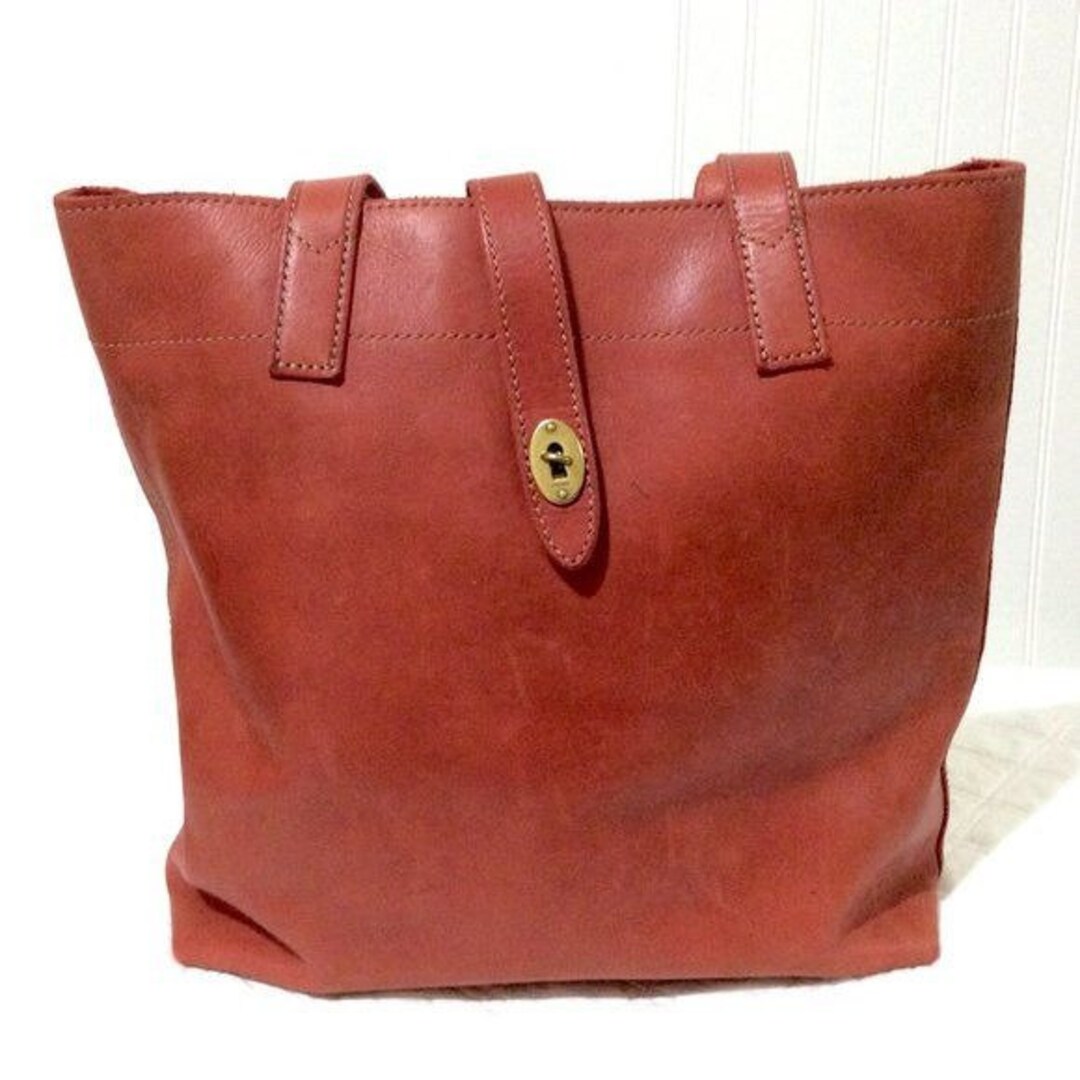 VTG Fossil XL Austin Leather Large Tote Bag Rust Red Toggle Clasp ...